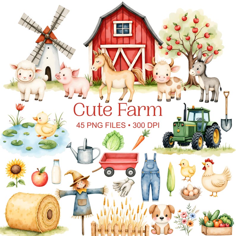 Cute Farm Clipart - Watercolor - Farm Animals Png - High Quality - Barn ...