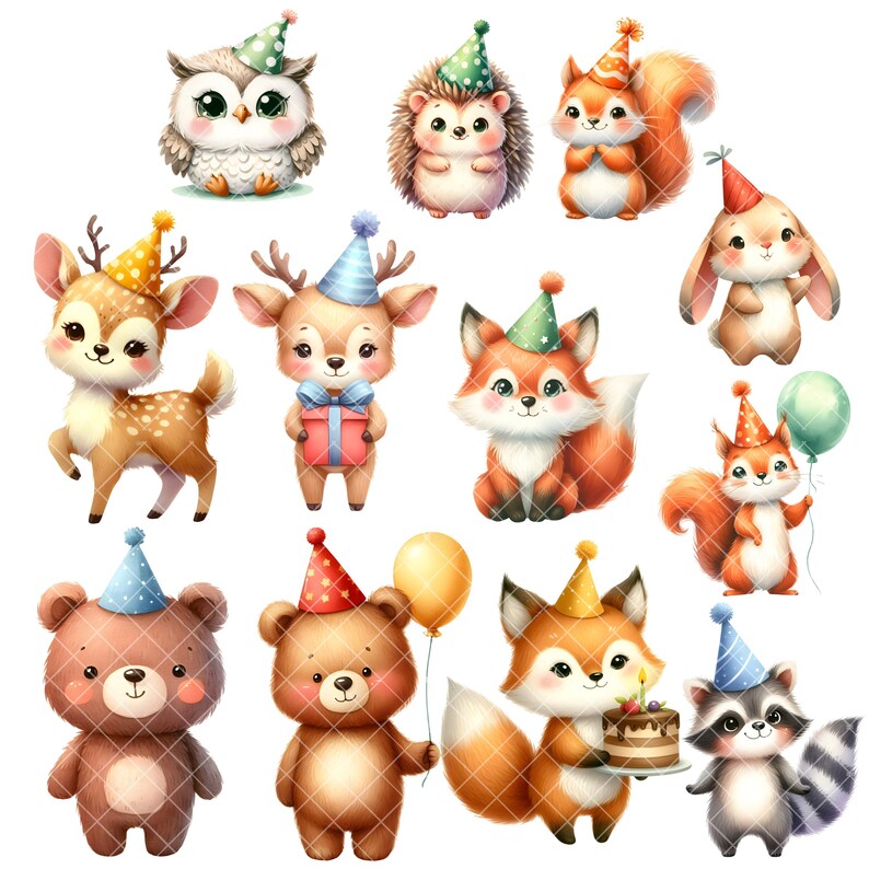 Woodland Birthday Clipart - Watercolor - Cute Animals Png - High ...