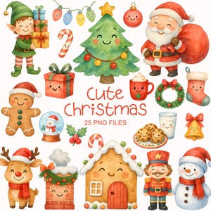 Cute Christmas Clipart - Watercolor - Kawaii Png - Santa - Snowman ...