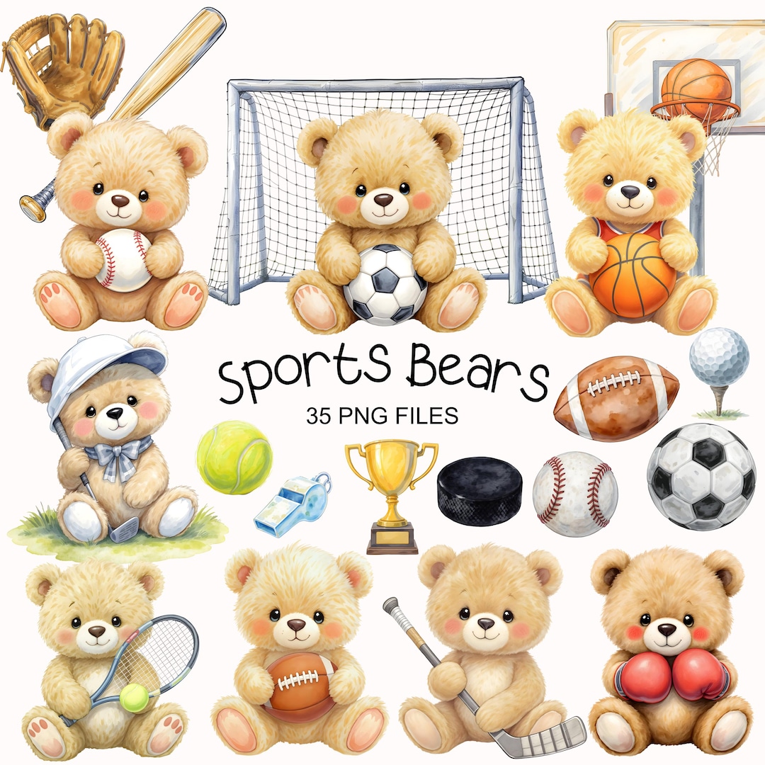 Sport Bears Clipart - Watercolor - Teddy Bear Png - Baseball ...
