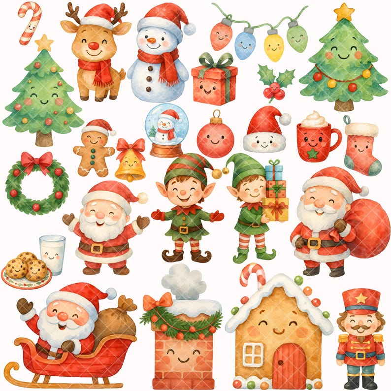 Cute Christmas Clipart - Watercolor - Kawaii Png - Santa - Snowman ...