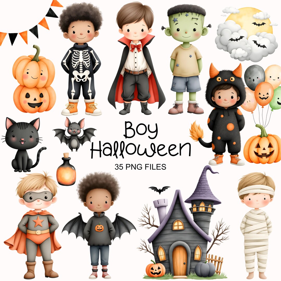 Boys Halloween Clipart - Watercolor - Cute Halloween Png - Costume ...