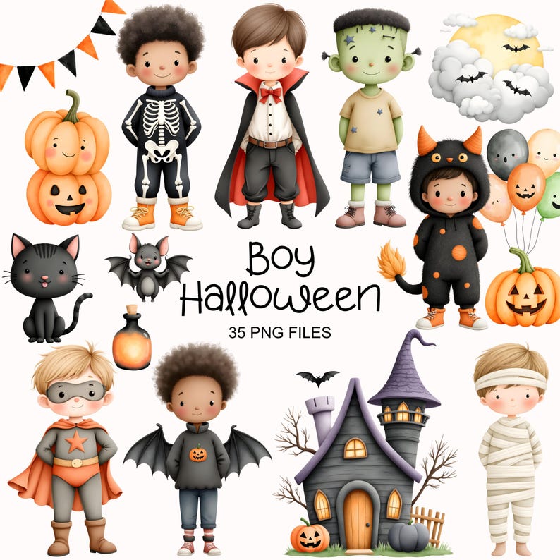 Boys Halloween Clipart - Watercolor - Cute Halloween Png - Costume ...