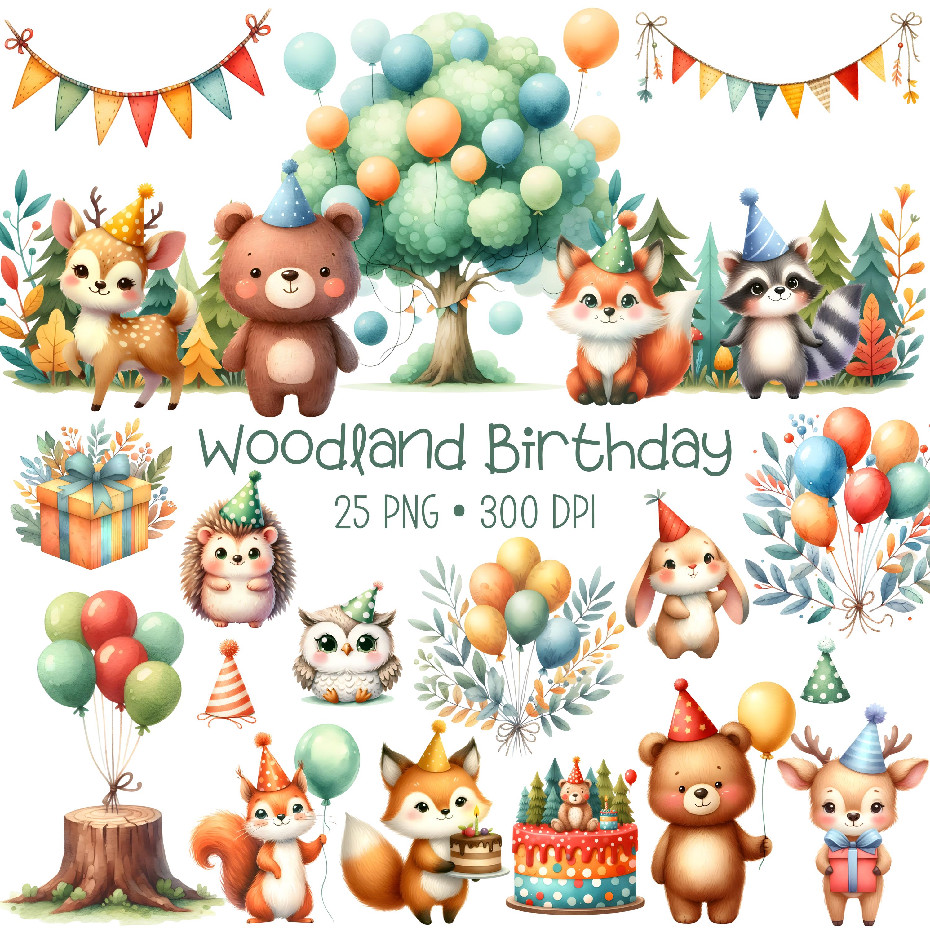 Woodland Birthday Clipart - Watercolor - Cute Animals Png - High ...