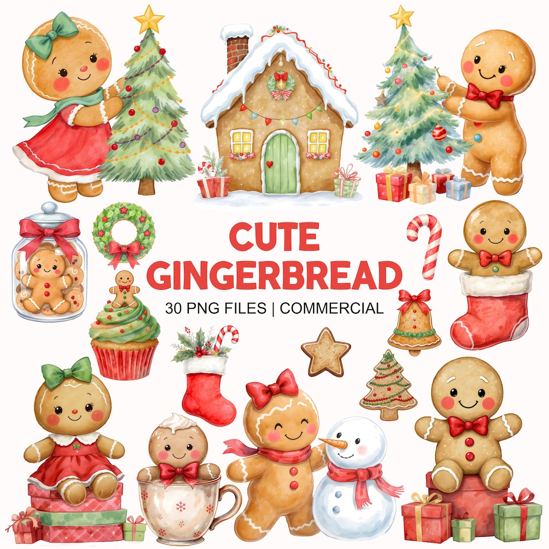 Gingerbread Clipart Bundle - Watercolor - Christmas Png - Gingerbread ...