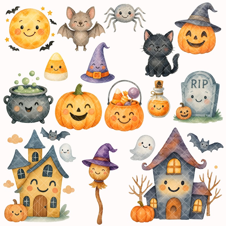 Cute Halloween Clipart - Watercolor - Kawaii Png - Ghost - Frankenstein ...