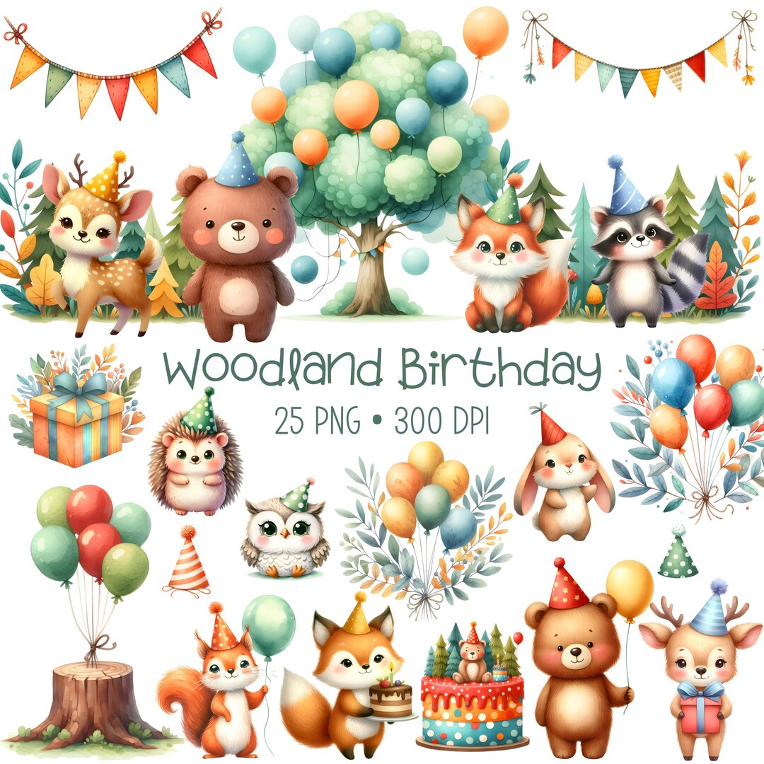 Woodland Birthday Clipart - Watercolor - Cute Animals Png - High ...