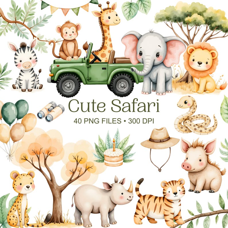 Cute Safari Animal Clipart - Watercolor - Jungle Animal Png - High ...