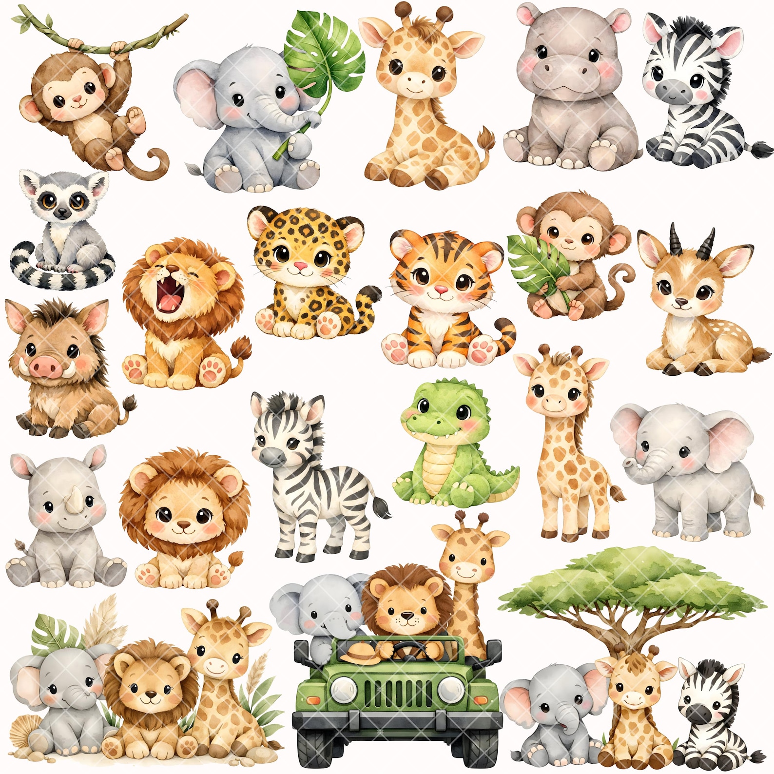 Cute Safari Clipart - Watercolor - Safari Animals Png - Commercial Use ...