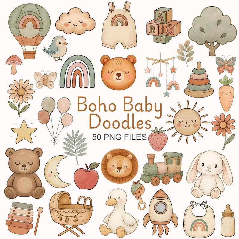 Boho Baby Doodle Clipart - Watercolor - Nursery Art - Baby Shower ...