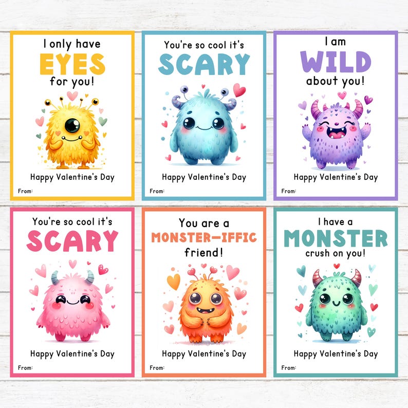 Monster Valentine Cards - Printable - School Valentines - Class Party ...