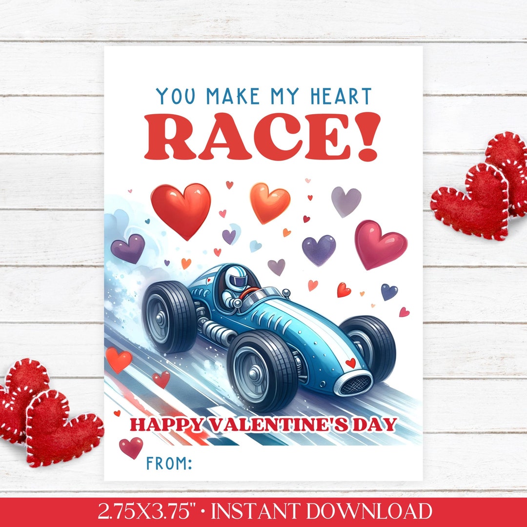 Race Car Valentine Card - Printable - Instant Download - Kid Valentines ...