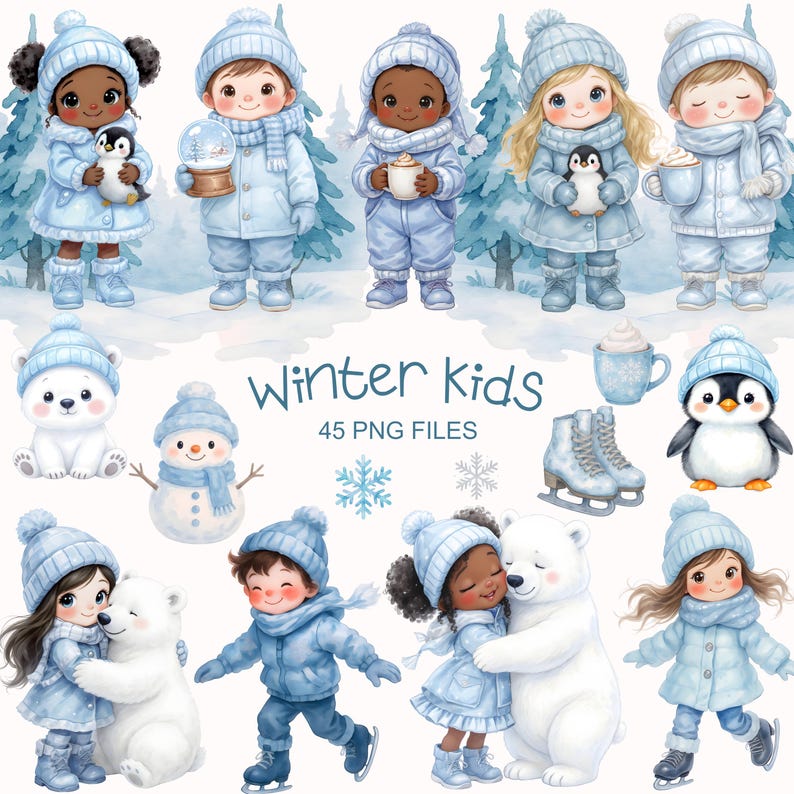 Cute Winter Clipart - Watercolor - Winter Kids Png - Ice Skating ...