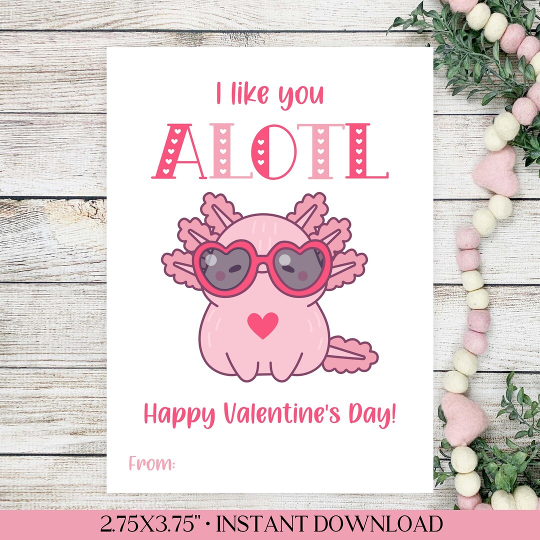 Axolotl Valentine Card - Printable - Instant Download - Kids Valentines ...