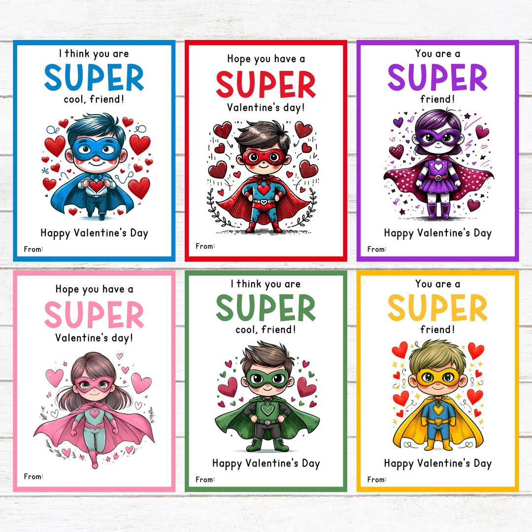Superhero Valentine Cards - Printable - Kids Valentine Cards - School ...