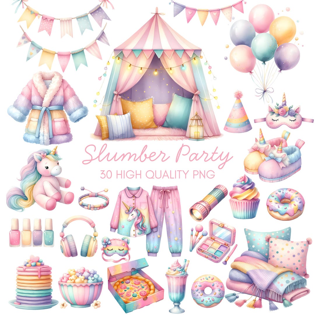 Slumber Party Clipart - Watercolor - Cute Sleepover Png - High Quality ...