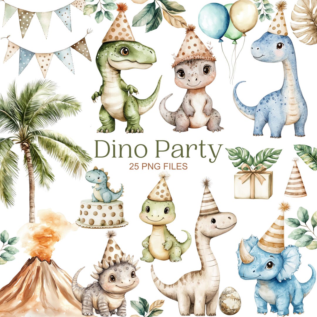 Dinosaur Party Clipart - Watercolor - Birthday Png - Cute Dinosaurs ...