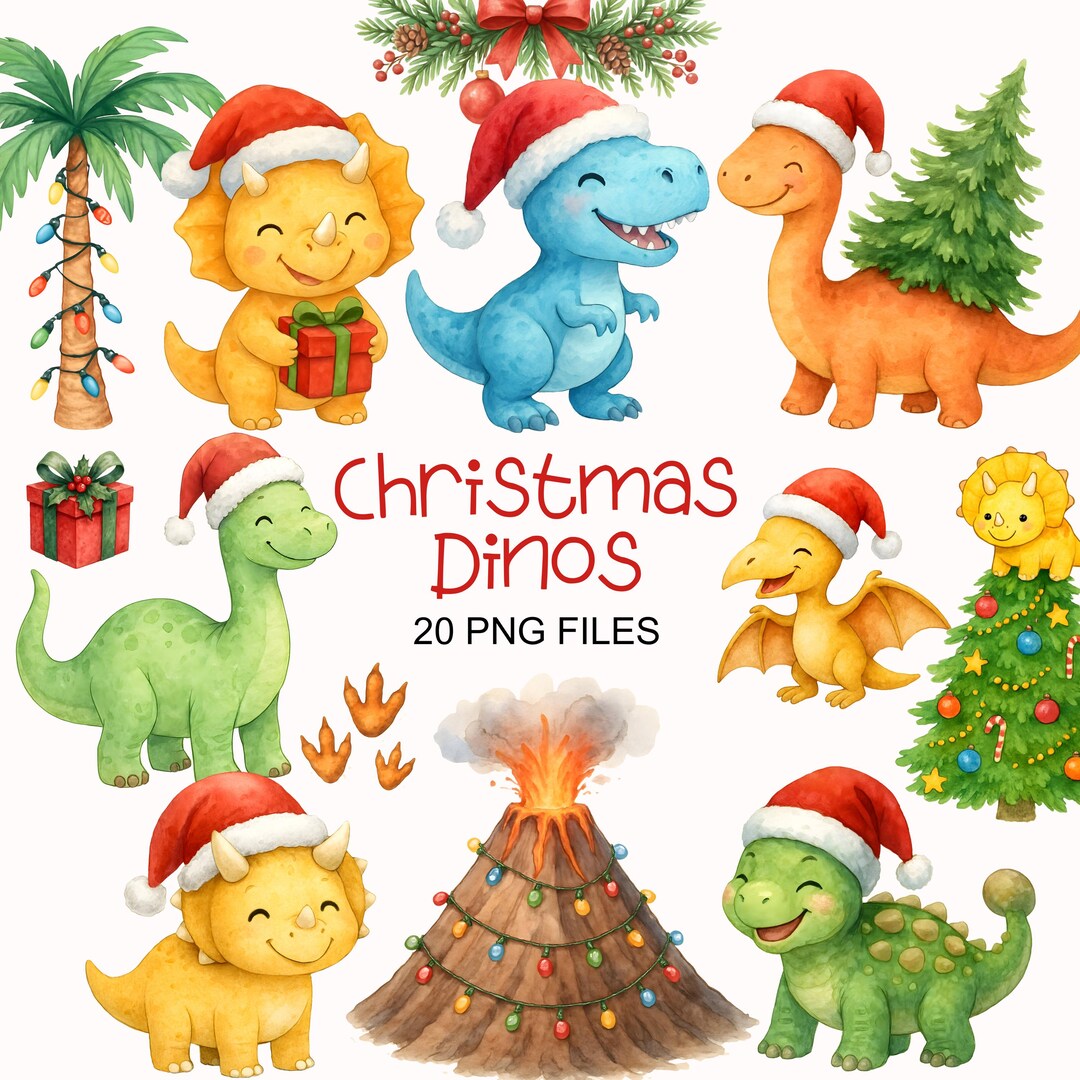 Christmas Dinosaur Clipart - Watercolor - Cute Christmas Png - Dinosaur ...