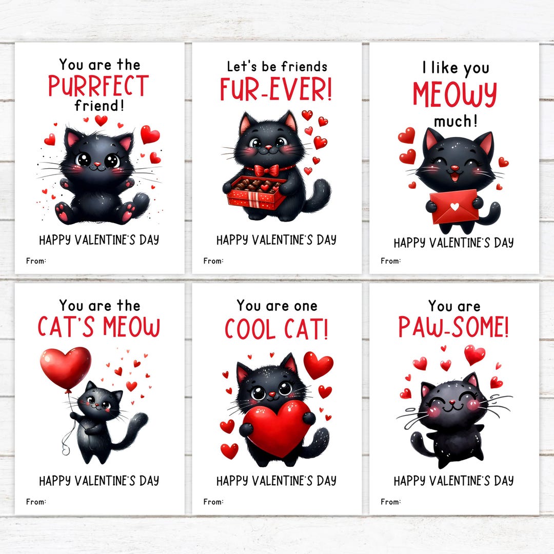 Cat Valentine Cards Printable School Valentines Class Party Valentine's ...