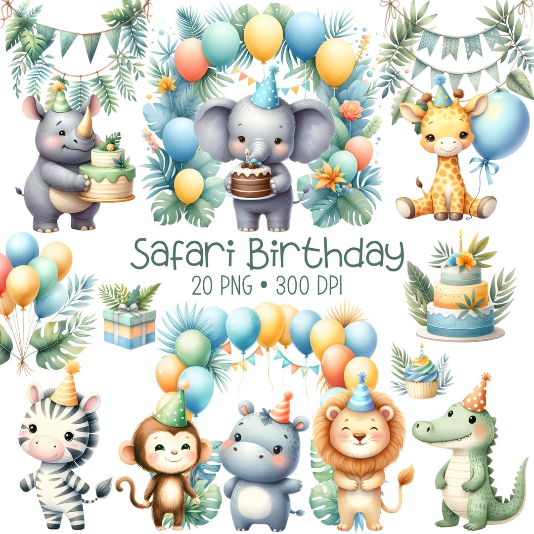 Safari Birthday Clipart - Watercolor - Cute Animals Png - High Quality ...