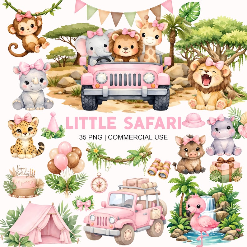 Clipart Safari Rosa - Aquarela - Animais de Safari PNG - Uso Comercial ...