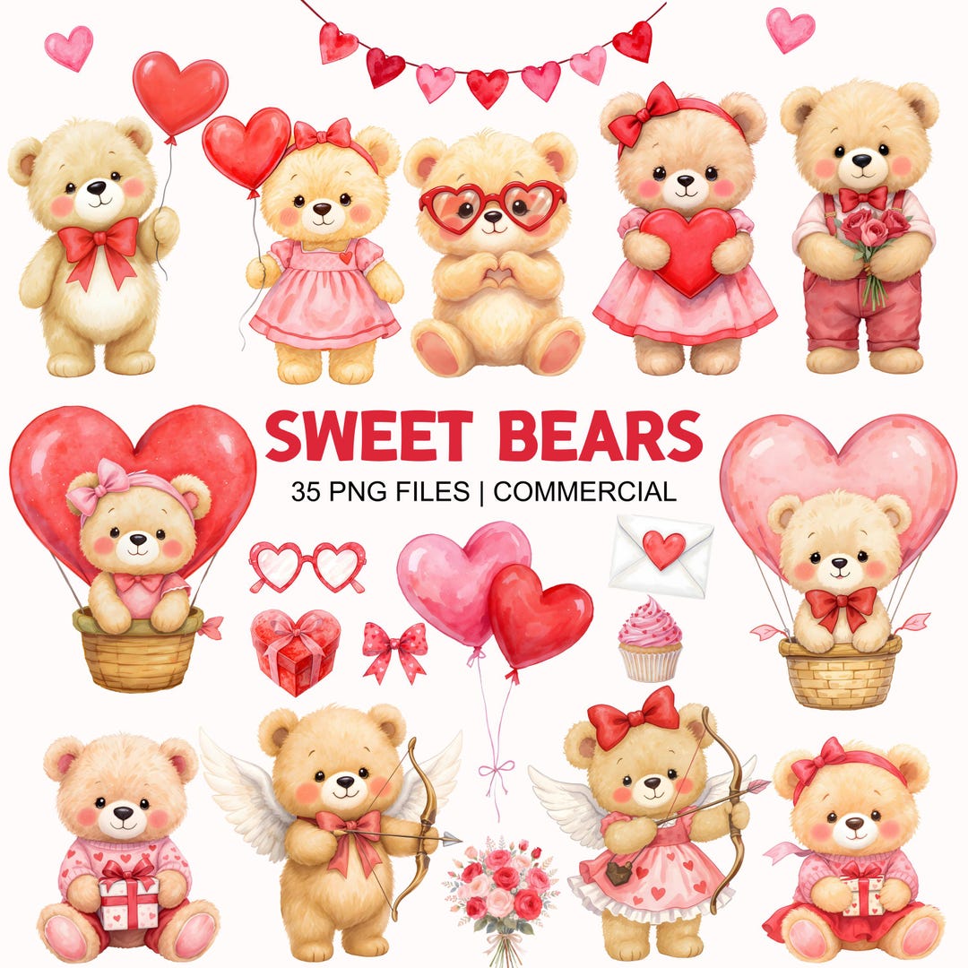 Watercolor Teddy Bear Clipart – Valentine's Day PNG, Birthday, Baby ...