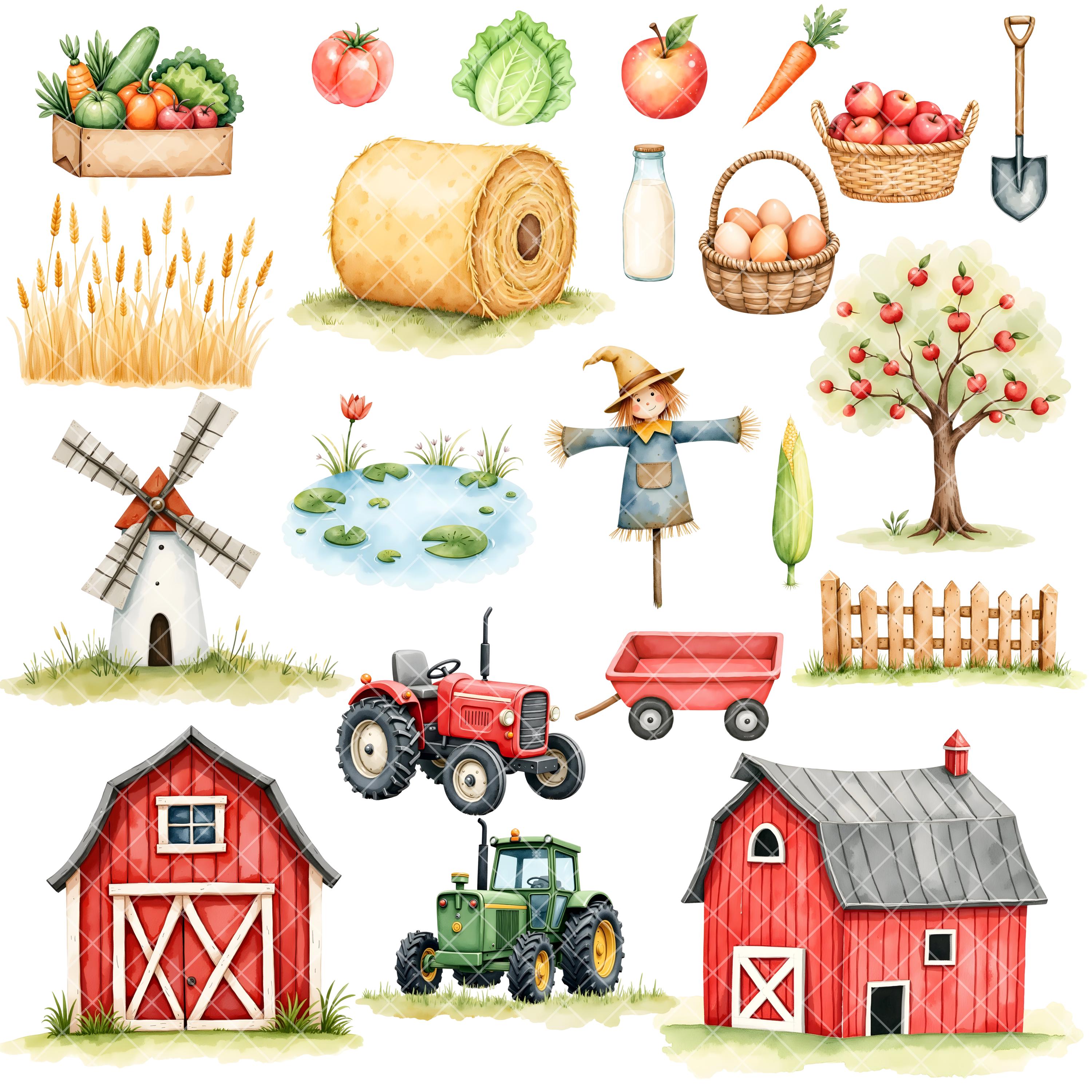 Cute Farm Clipart - Watercolor - Farm Animals Png - High Quality - Barn ...