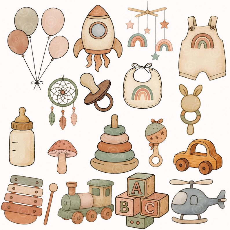 Boho Baby Doodle Clipart - Watercolor - Nursery Art - Baby Shower ...