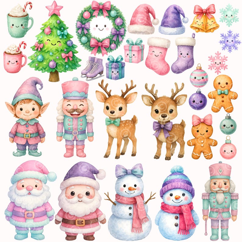 Cute Christmas Clipart - Watercolor - Kawaii Png - Pastel Christmas ...