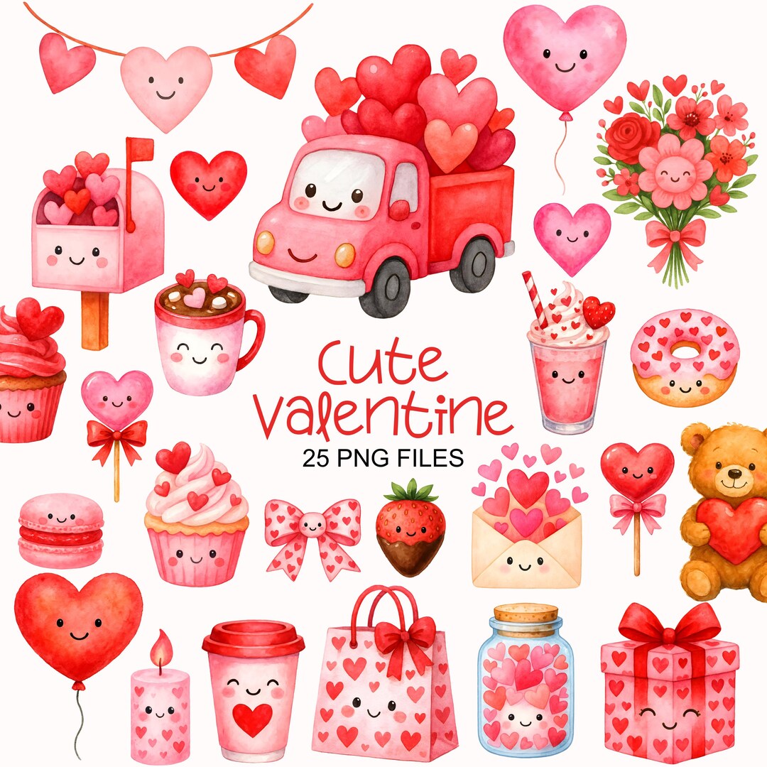 Cute Valentine Clipart - Watercolor - Kawaii Png - Valentine ...