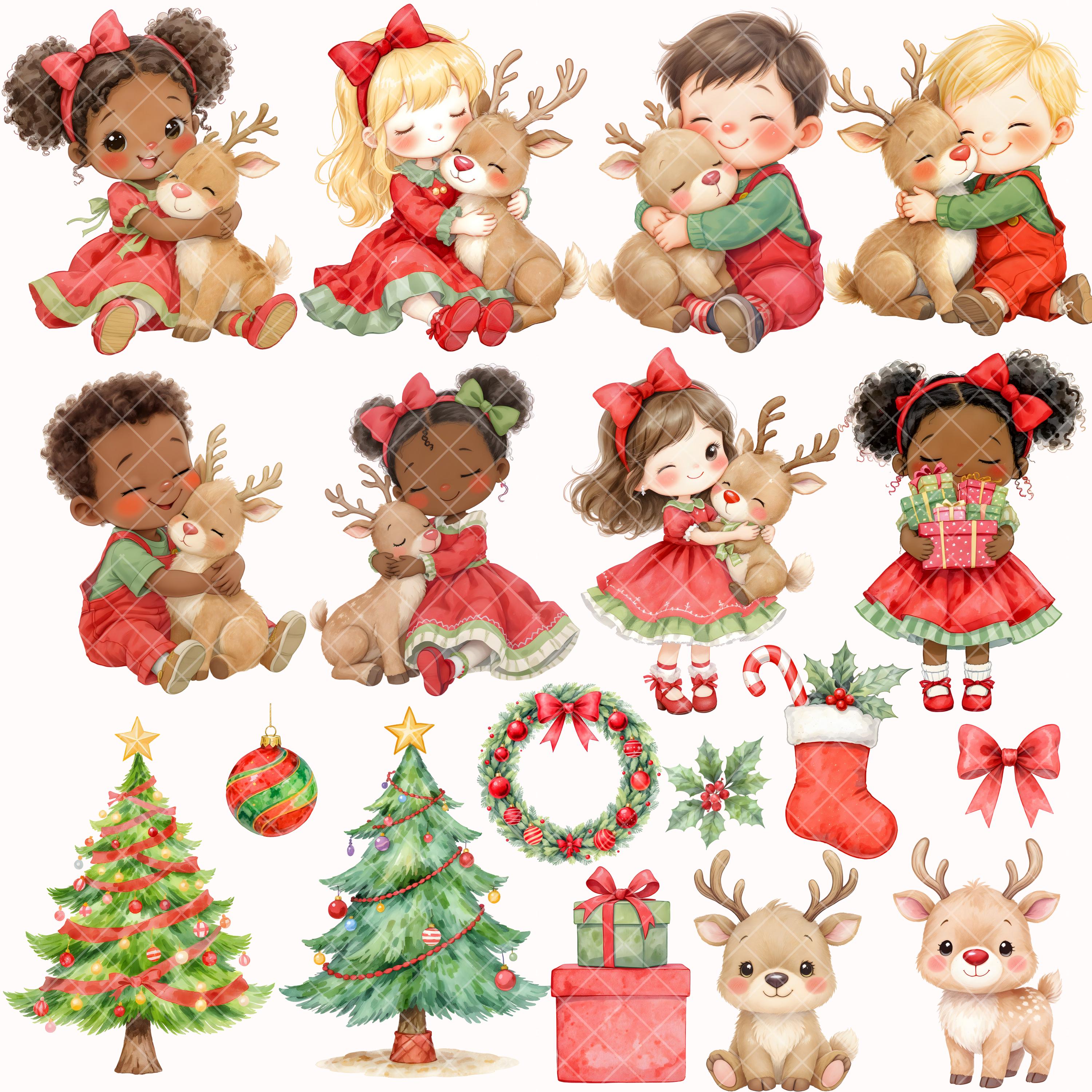 Christmas Kids Clipart - Watercolor - Cute Christmas Png - Reindeer ...