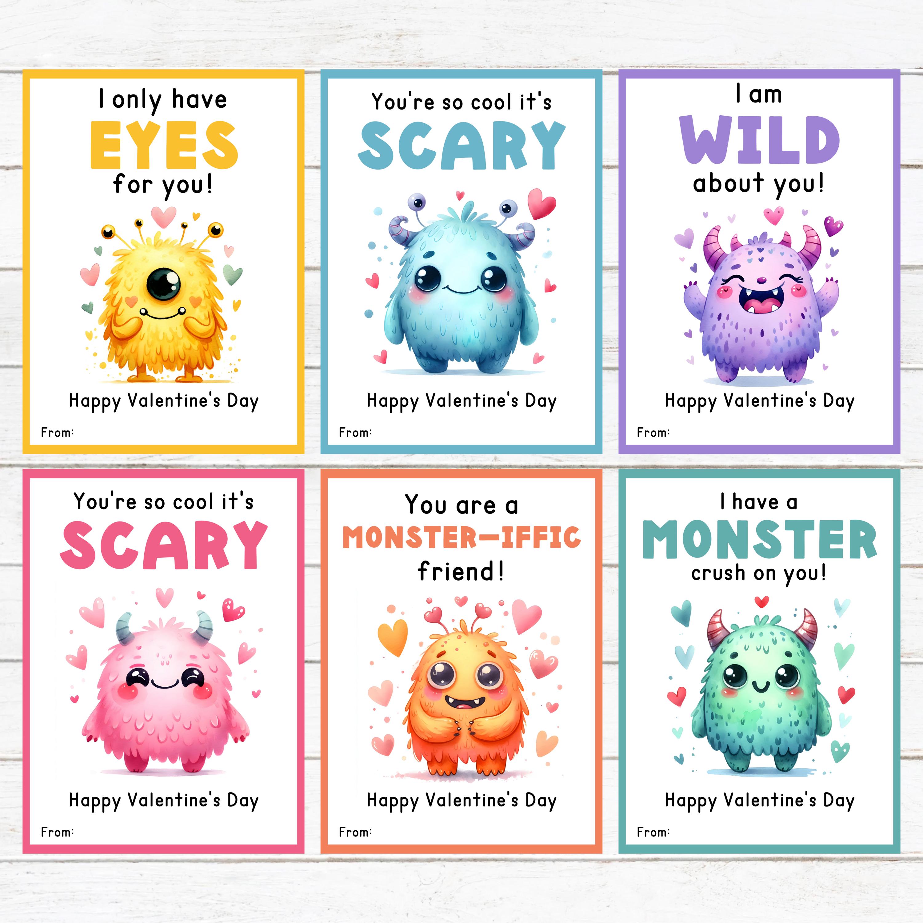 Monster Valentine Cards - Printable - School Valentines - Class Party ...