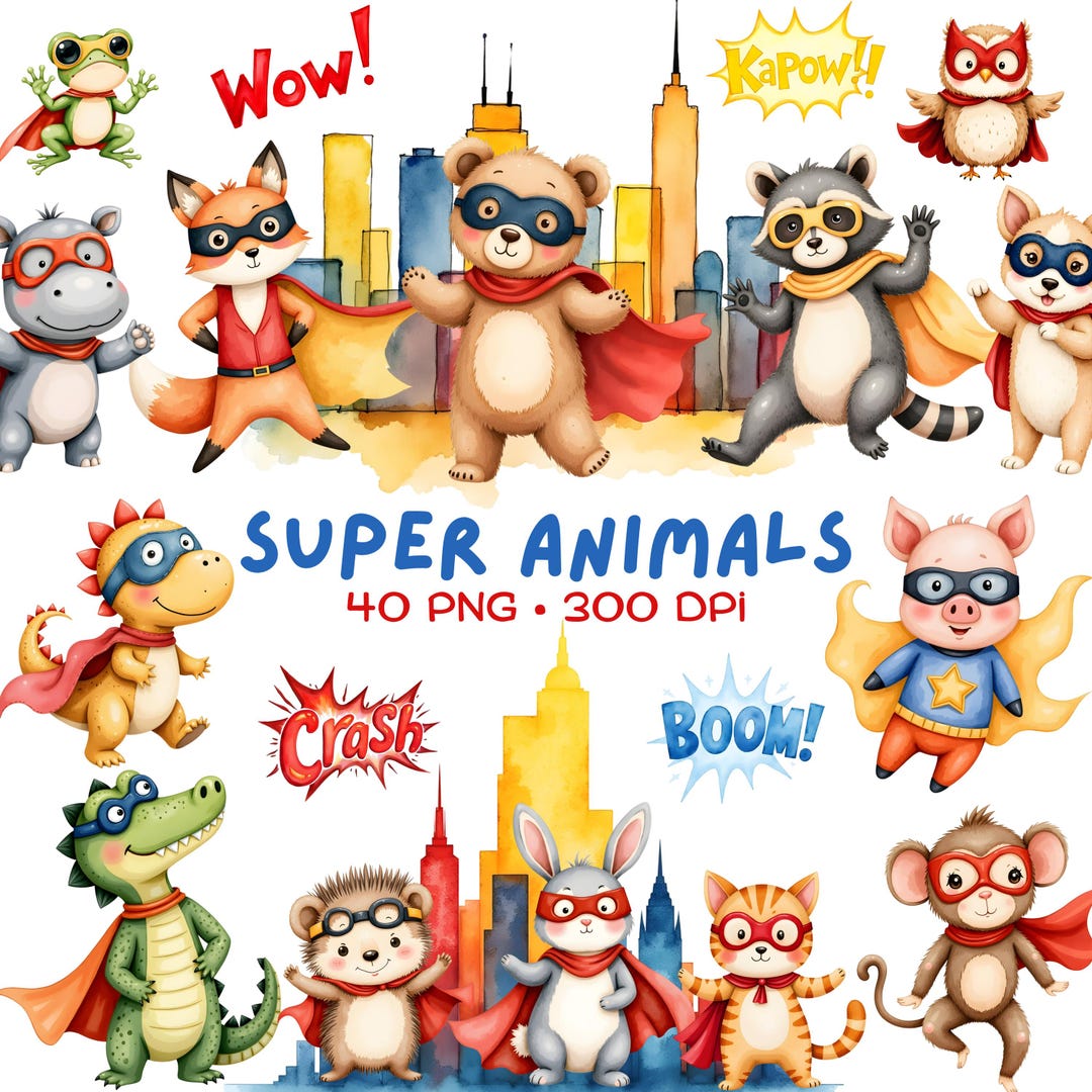 Superhero Animals Clipart - Watercolor - Cute Animals Png - High ...