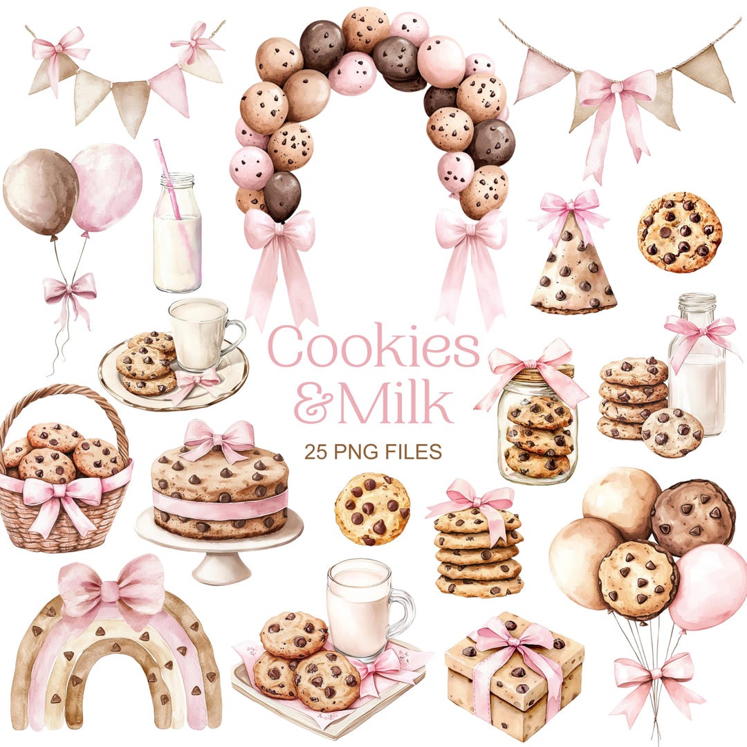 Milk and Cookies Clipart - Watercolor - Birthday Png - Chocolate Chip ...
