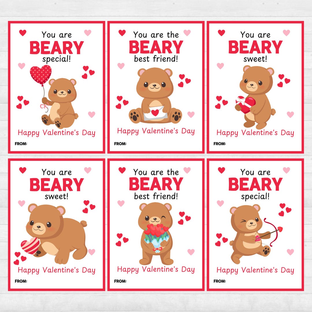 Cute Valentine Cards - Bear Valentine - Printable - School Valentines ...
