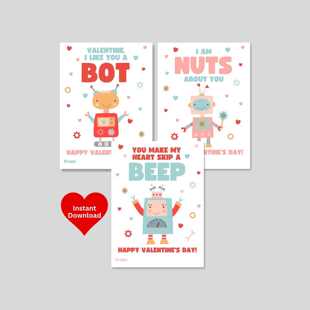 Printable Valentine Cards - Robots - Kids Valentines - School Valentine ...
