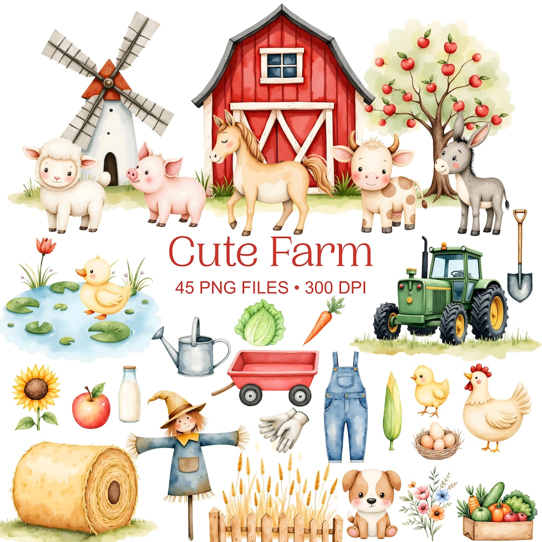 Cute Farm Clipart - Watercolor - Farm Animals Png - High Quality - Barn ...