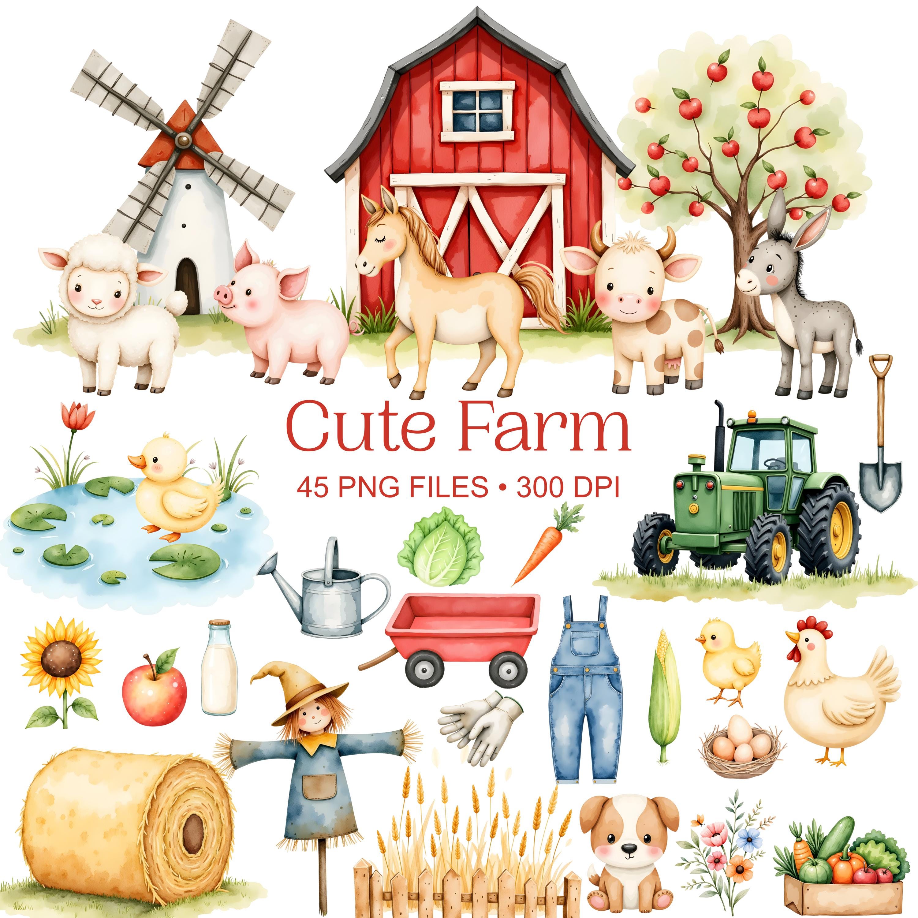 Cute Farm Clipart - Watercolor - Farm Animals Png - High Quality - Barn ...