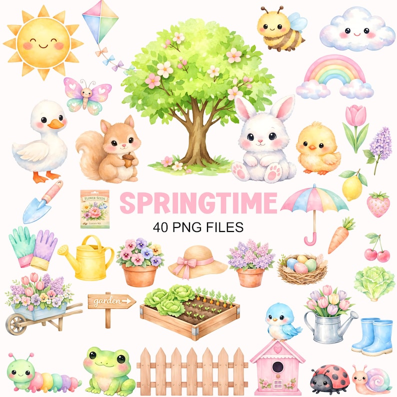 Watercolor Spring Clipart - Cute Spring Png - Garden - Butterfly ...