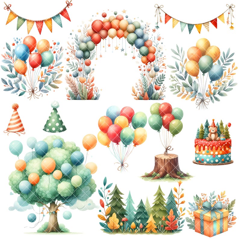 Woodland Birthday Clipart - Watercolor - Cute Animals Png - High ...