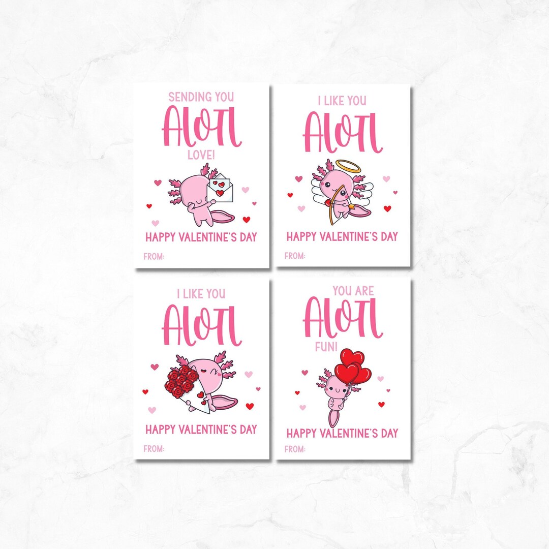 Axolotl Valentine Cards Printable Kids Valentines School Valentine ...