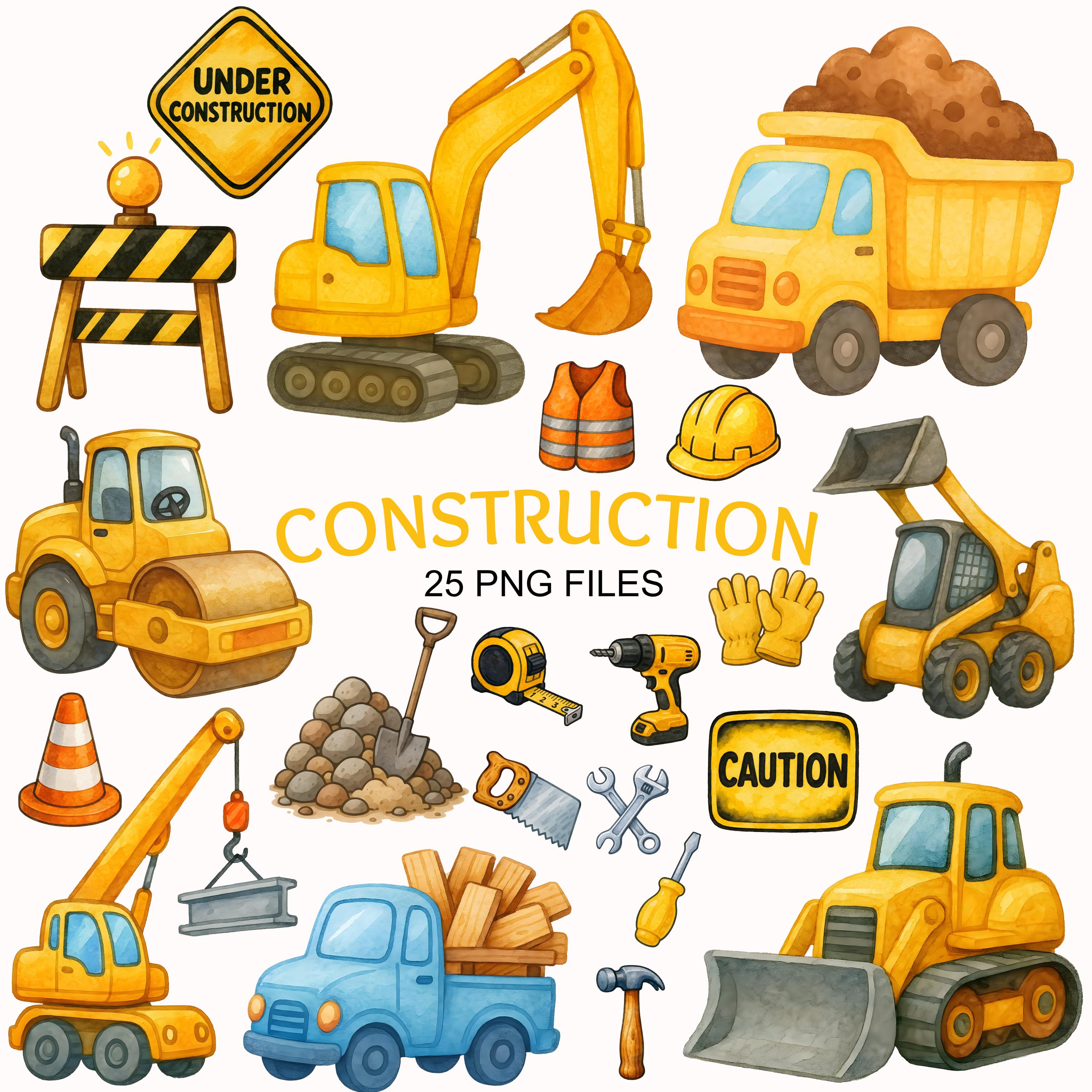 Watercolor Construction Clipart – Dump Truck, Excavator PNG (digital ...