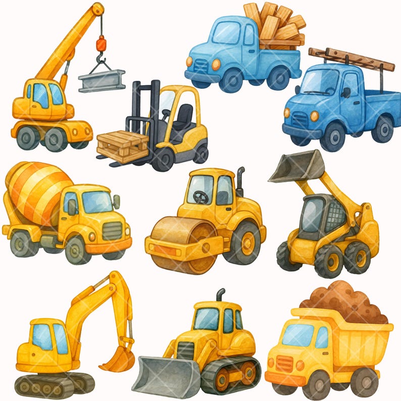 Watercolor Construction Clipart – Dump Truck, Excavator PNG (digital ...