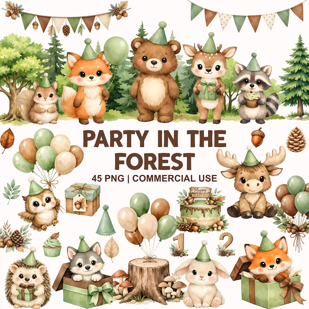 Woodland Party Clipart - Watercolor - Forest Animals Png - Commercial ...