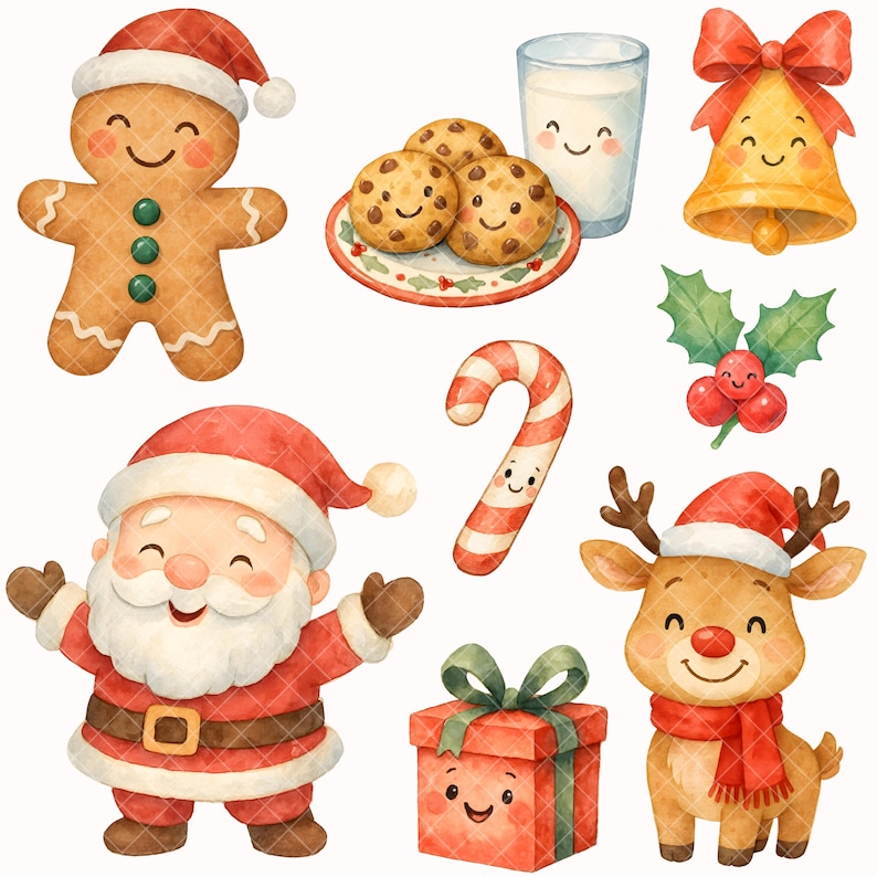 Cute Christmas Clipart - Watercolor - Kawaii Png - Santa - Snowman ...