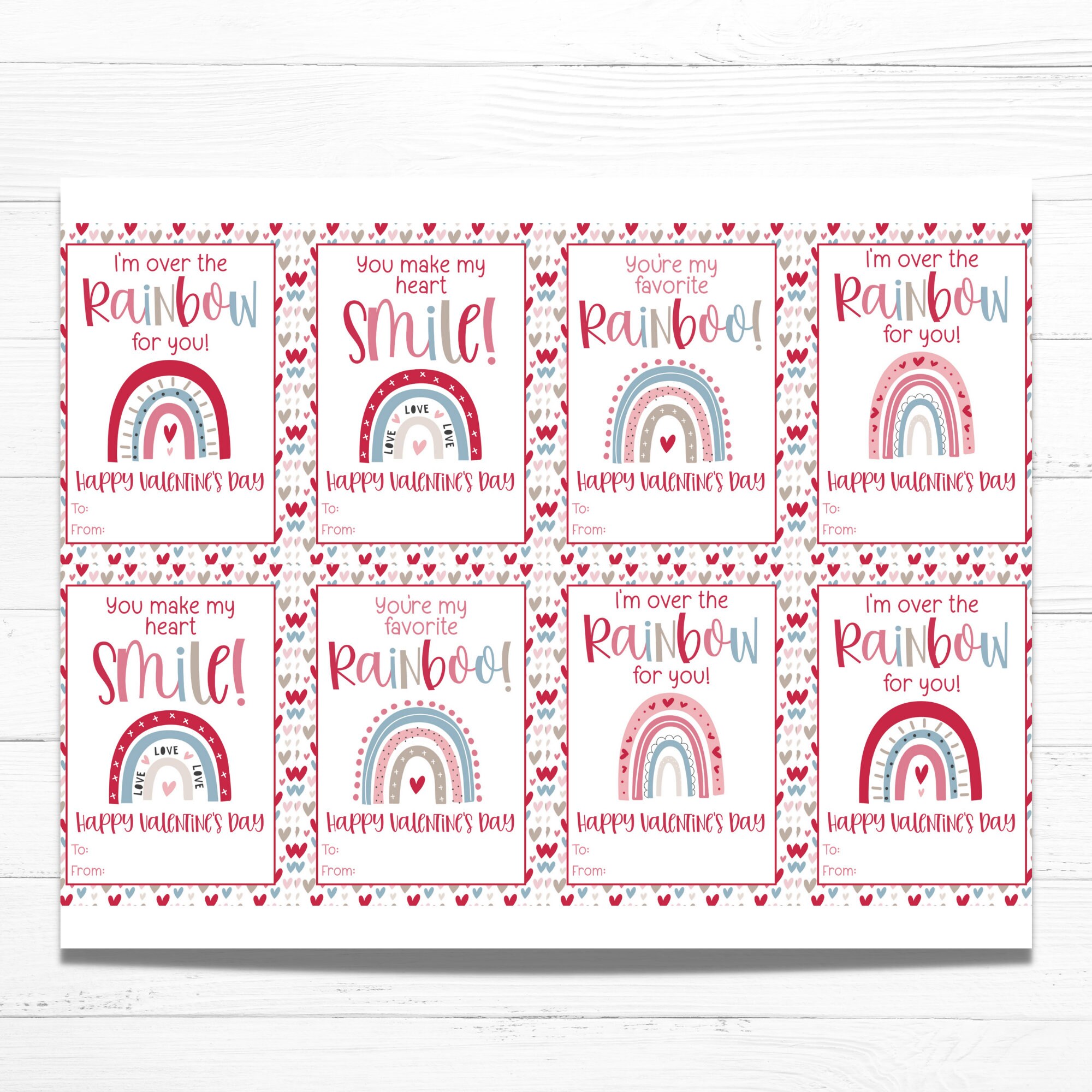 Rainbow Valentine Cards Printable Instant Download Kids Valentines ...