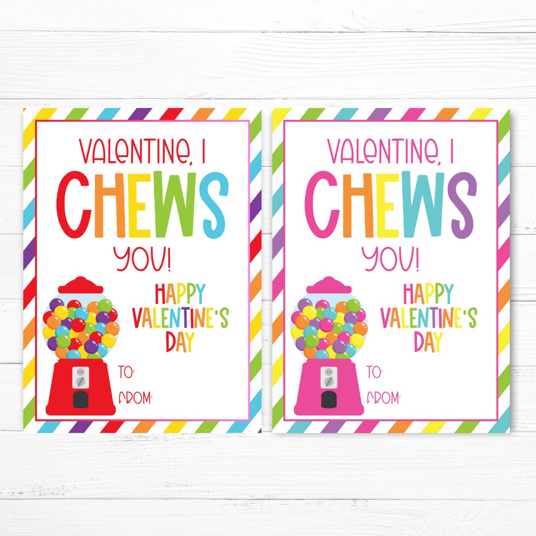 Kids Valentine Cards - Printable - I Chews You - Bubblegum - Instant ...