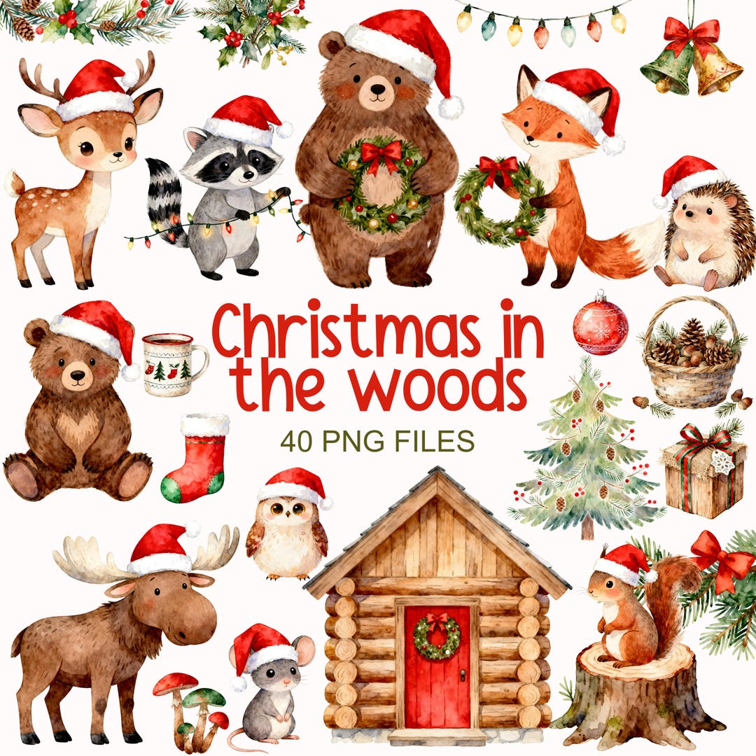 Christmas in the Woods - Watercolor Clipart - Woodland Christmas - Cute ...