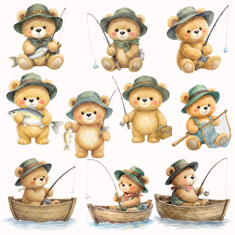 Fishing Bears Clipart - Watercolor - Teddy Bear Png - Fishing Png ...