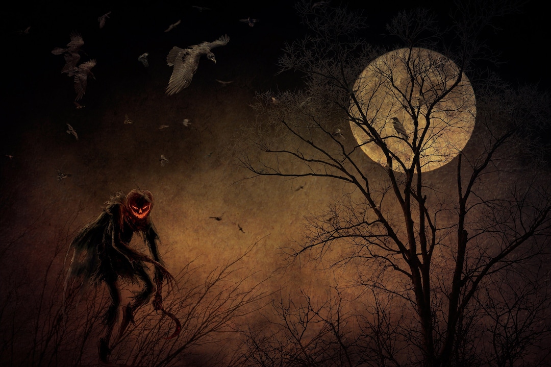 Spooky Halloween Art With Full Moon Jack-o-lantern and Ravens - Etsy